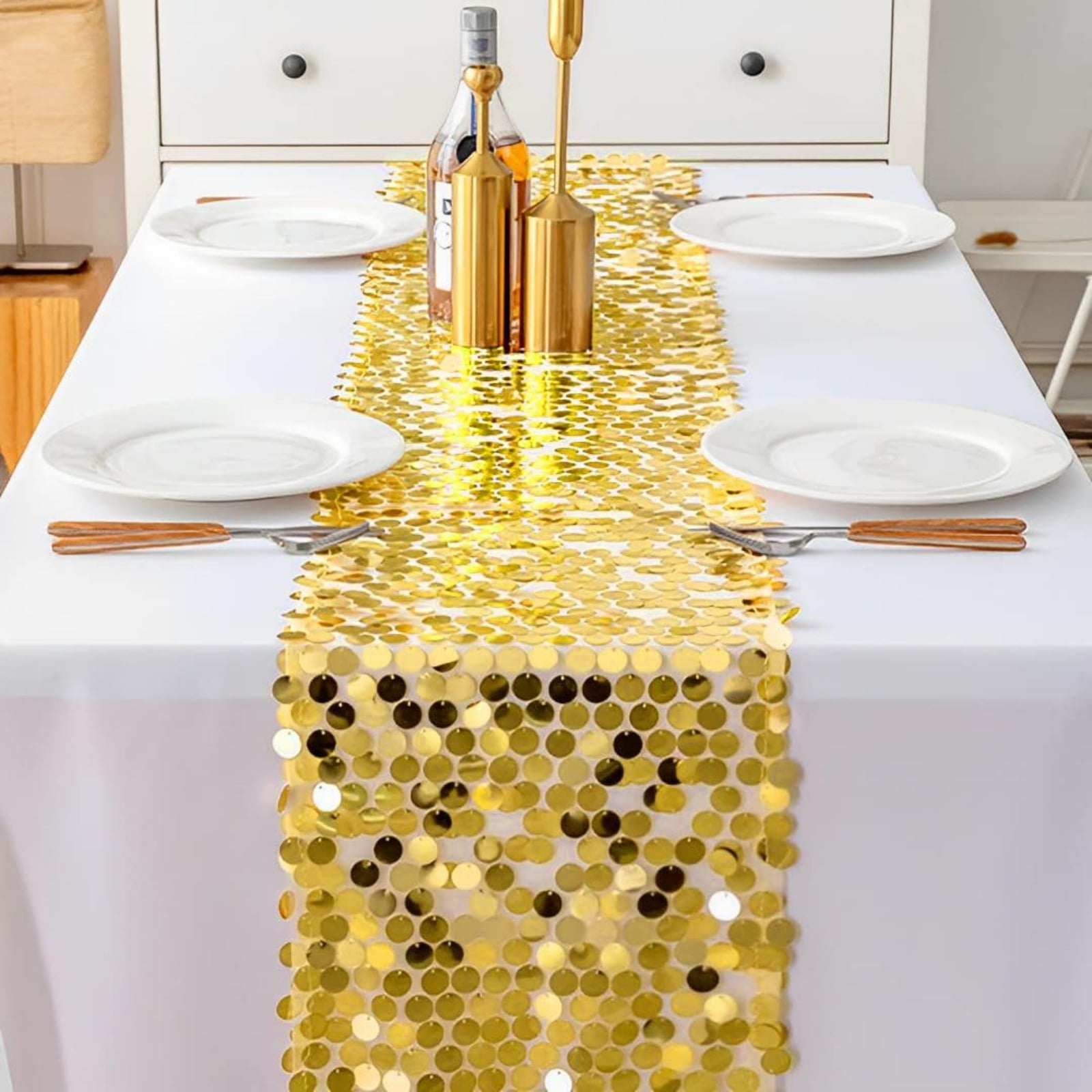 12 x 108 Inch Sequin Table Runner, Rose Gold Glitter Premium Big Sequin Table Runner, Rectangle ...