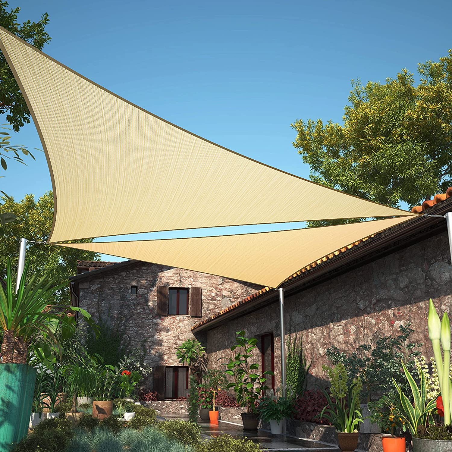 12' x 12' x 12' Beige Triangle Sun Shade Sail Canopy Fabric Cloth Screen, Water Air Permeable ...