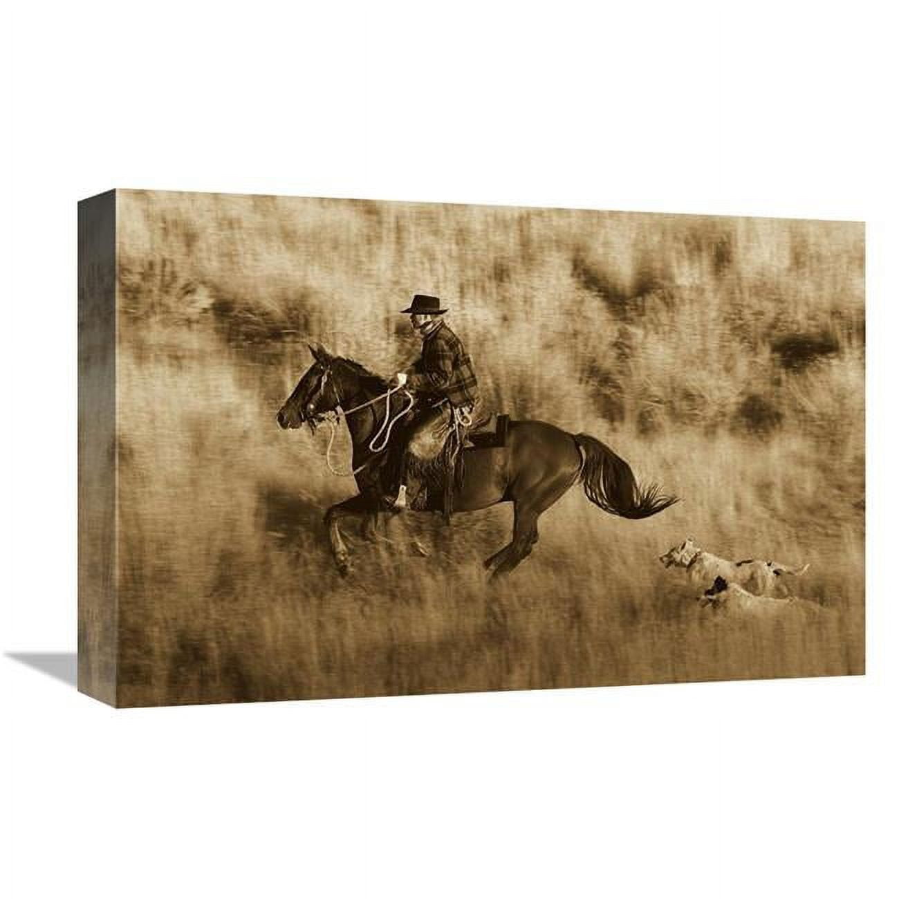 12 x 18 in. Cowboy Riding Horse, Followed by Two Dogs, Oregon - Sepia ...