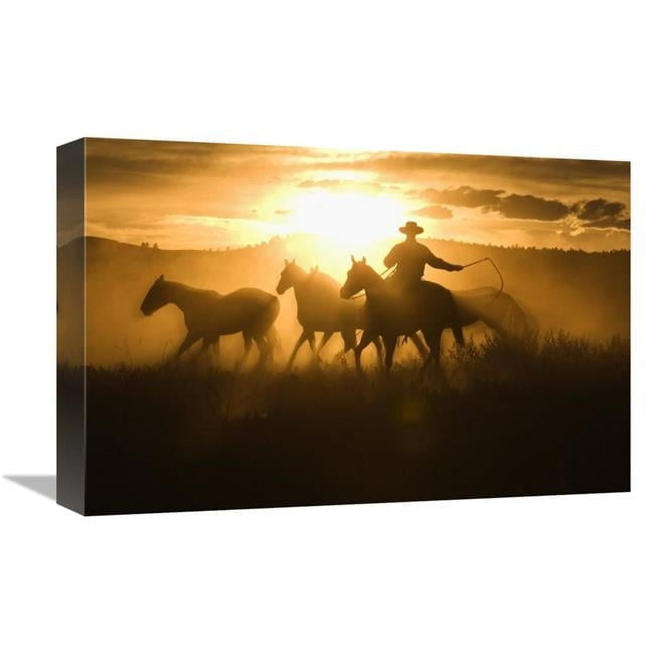 12 x 18 in. Cowboy with Lasso Herding Horses At Sunset, Oregon Art ...