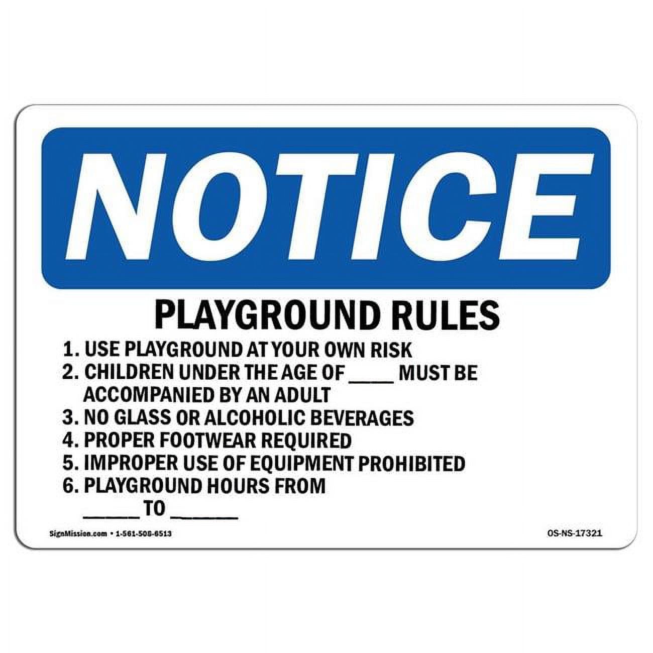 12 x 18 in. OSHA Notice Sign - Playground Rules 1. Use Playground At ...
