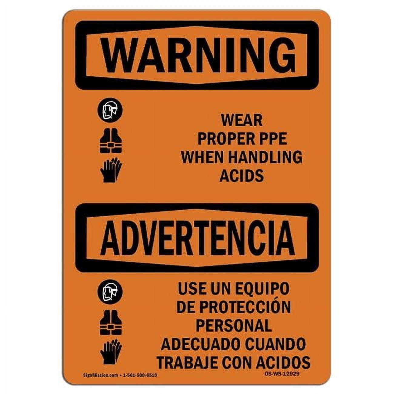 12 x 18 in. OSHA Warning Sign - Wear Proper PPE Handling Acids ...