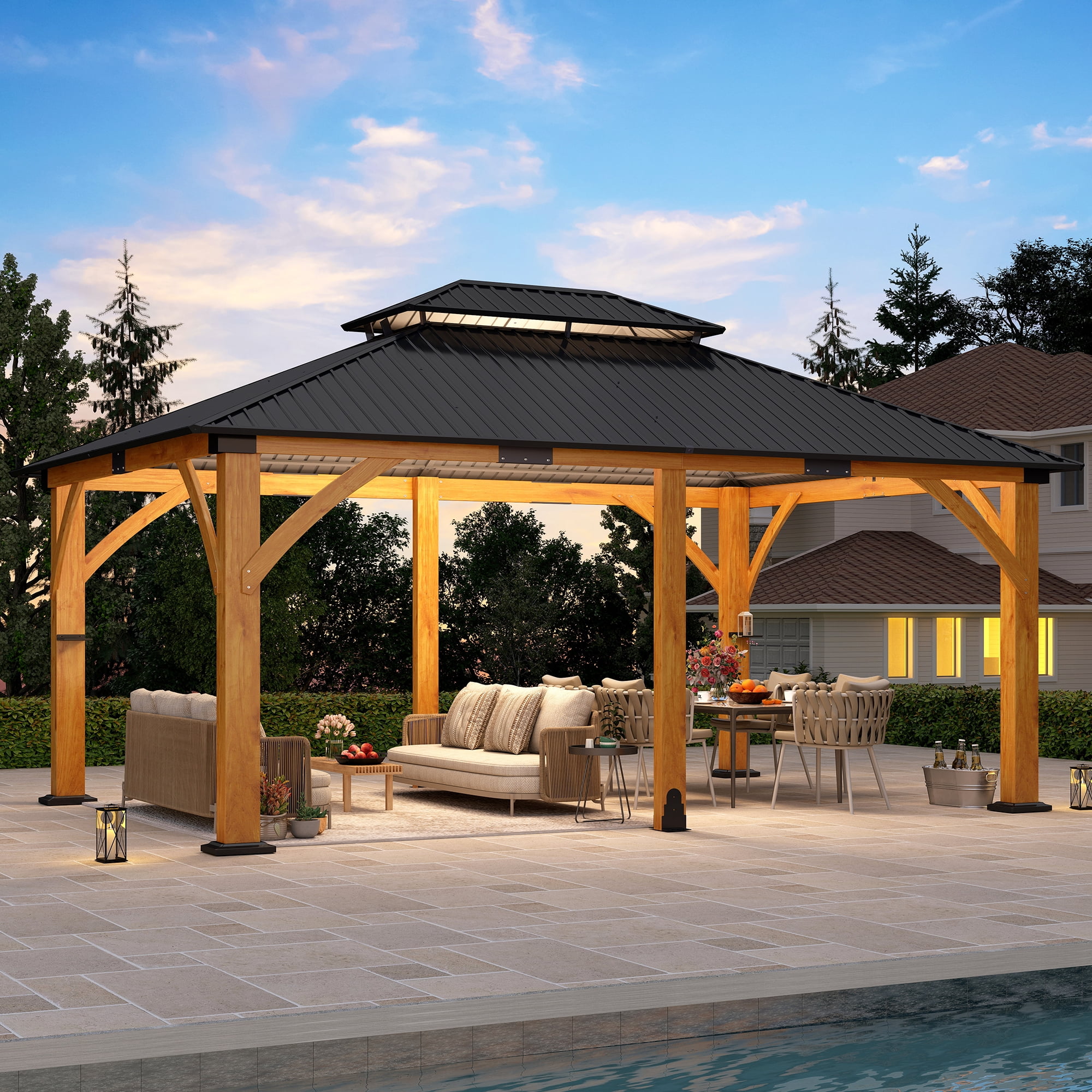 12'x 20' Upgraded Wood Gazebo, Spruce Wooden Gazebo with Double ...