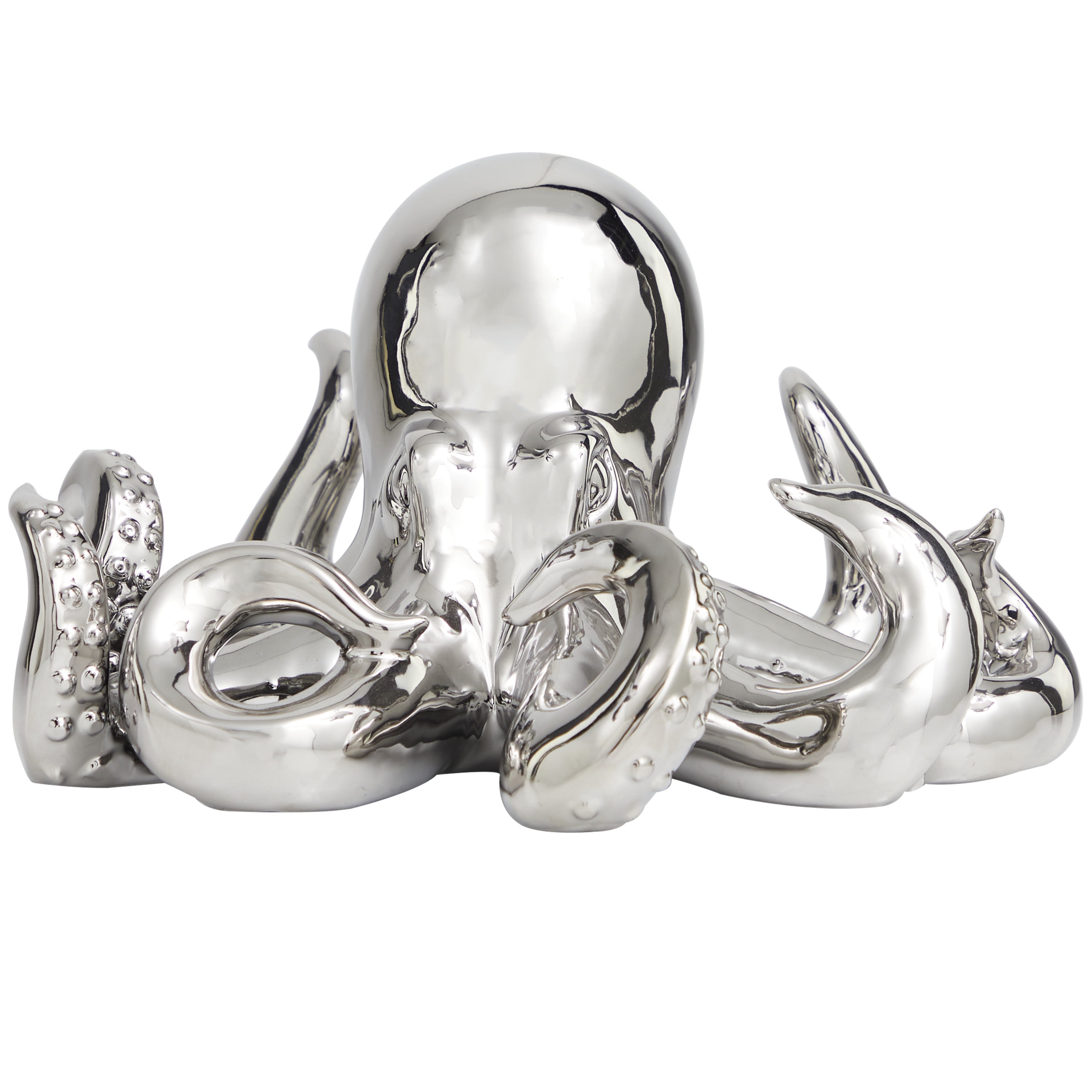 12" x 7" Silver Ceramic Octopus Sculpture with Textured Tentacles, by ...