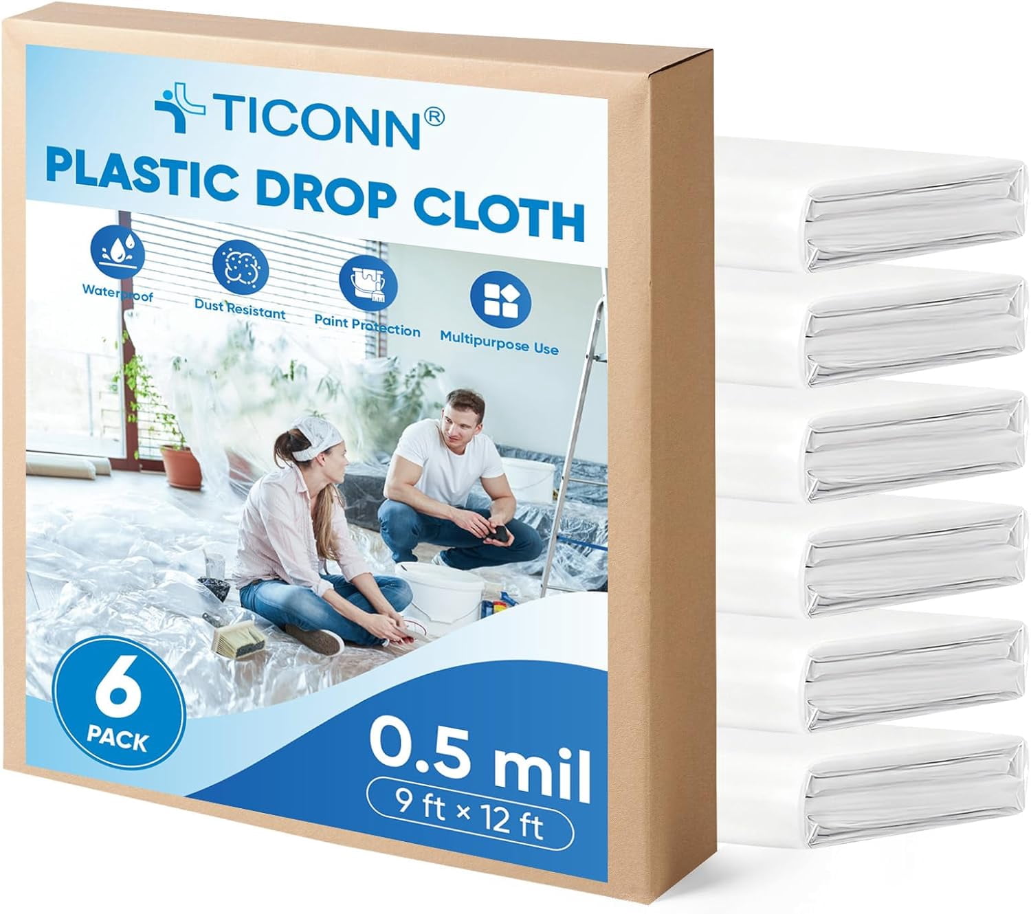 12 x 9 Ft Plastic Drop Cloth for Painting, Waterproof Painters Sheeting ...