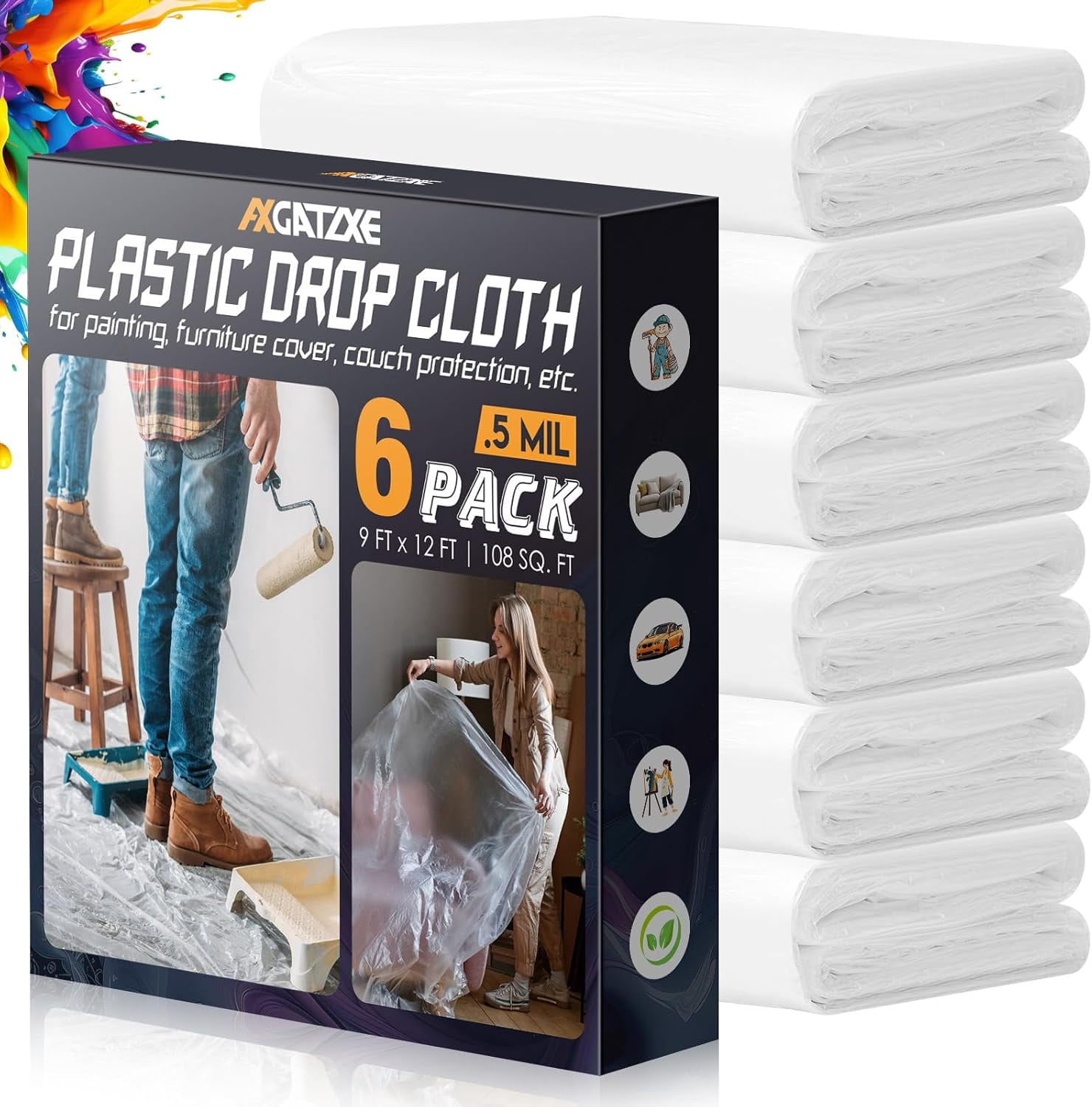 12 x 9 Ft Plastic Drop Cloths-1 Mil(1-Pack - Disposable Painter's ...