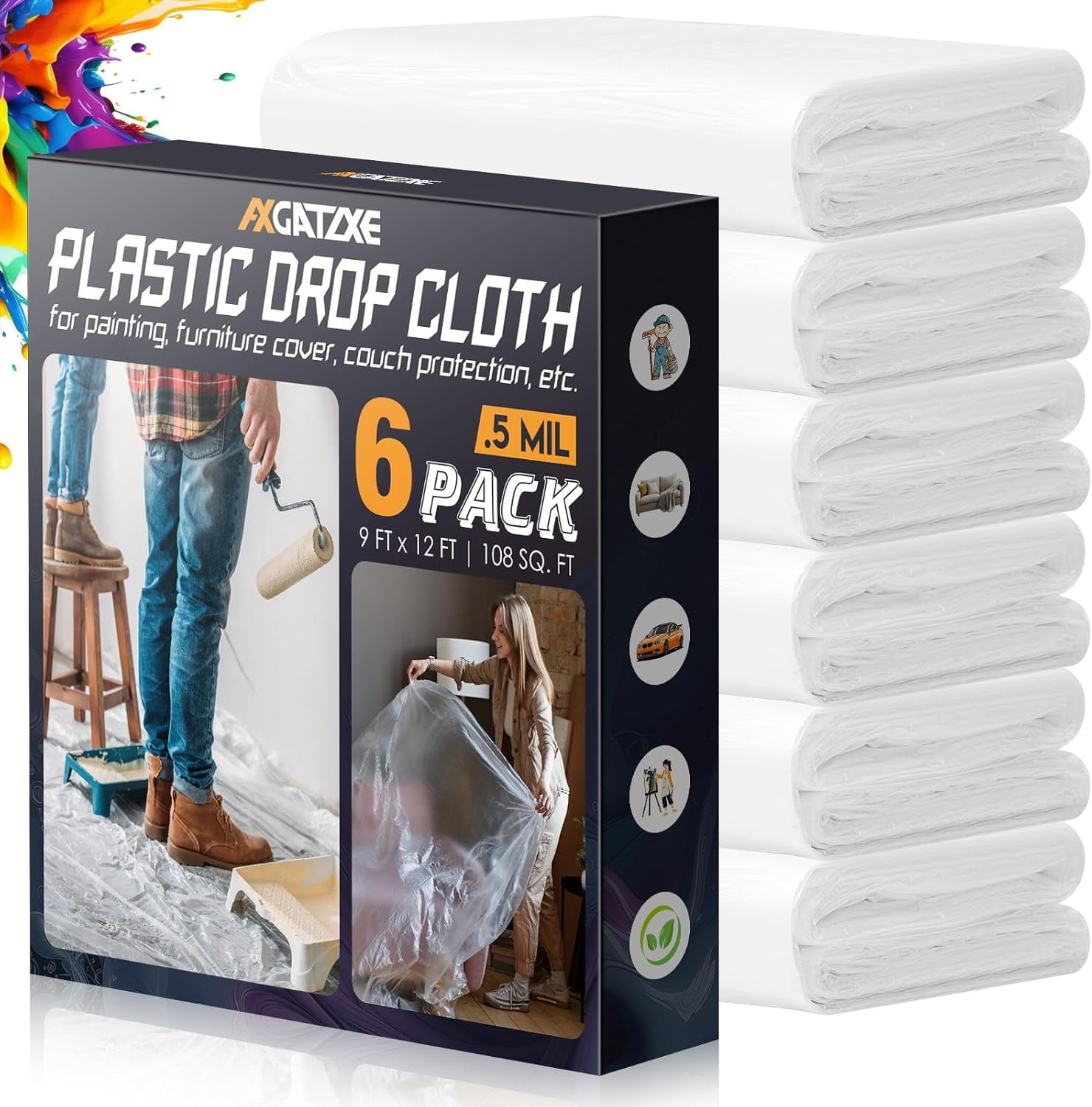 12 x 9 Ft Plastic Drop Cloths (6-Pack) - Disposable Painter's Sheeting ...