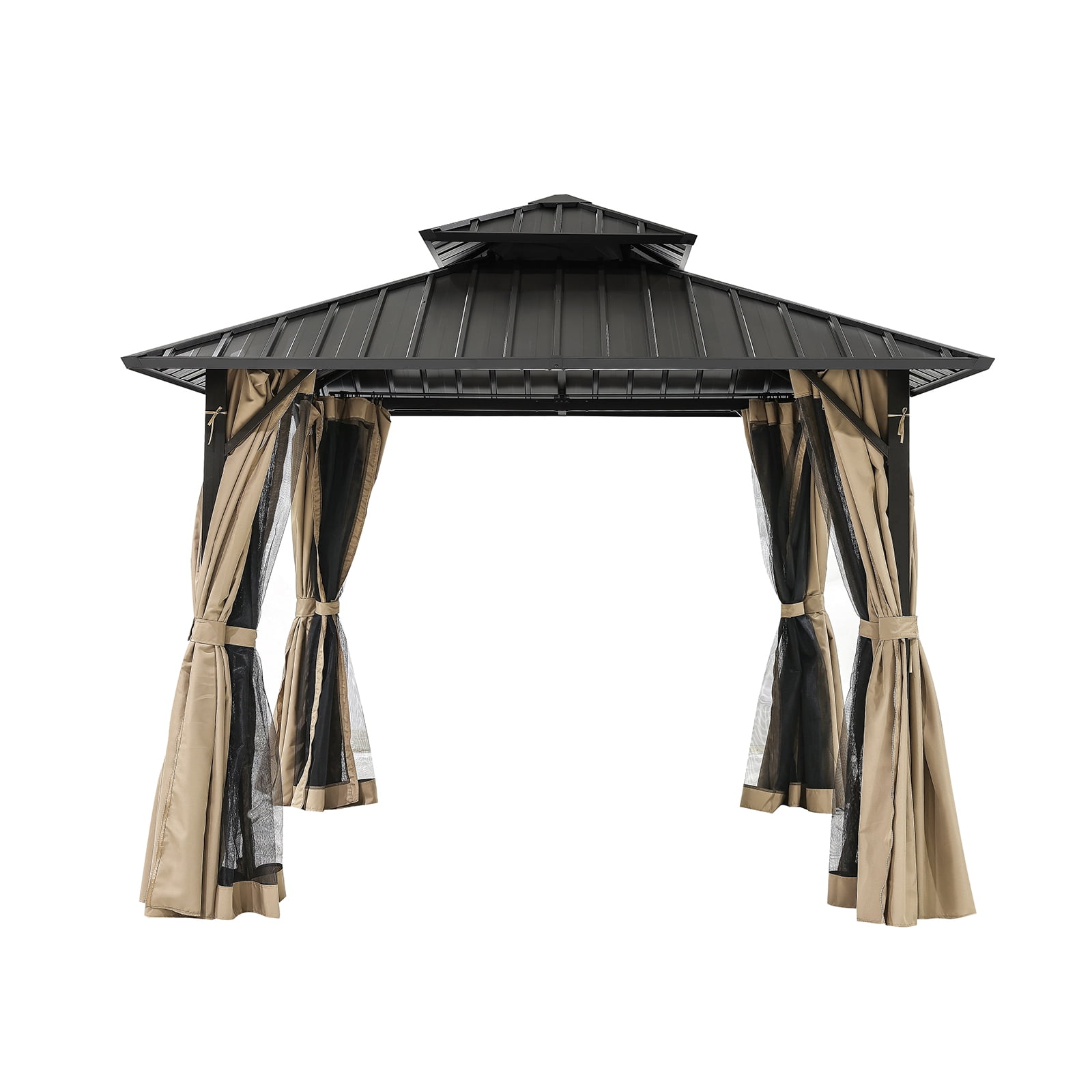 12'x12' Hardtop Gazebo with Double Roof & Mosquito Netting, Khaki All ...