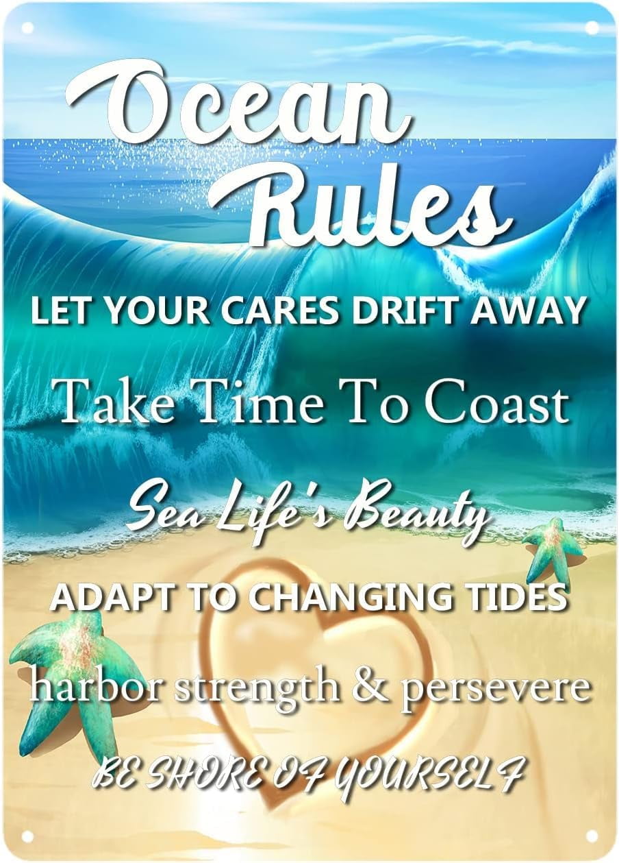 12"x16" Beach Metal Tin Signs Ocean Rules Funny Vintage Tin Sign Wall ...