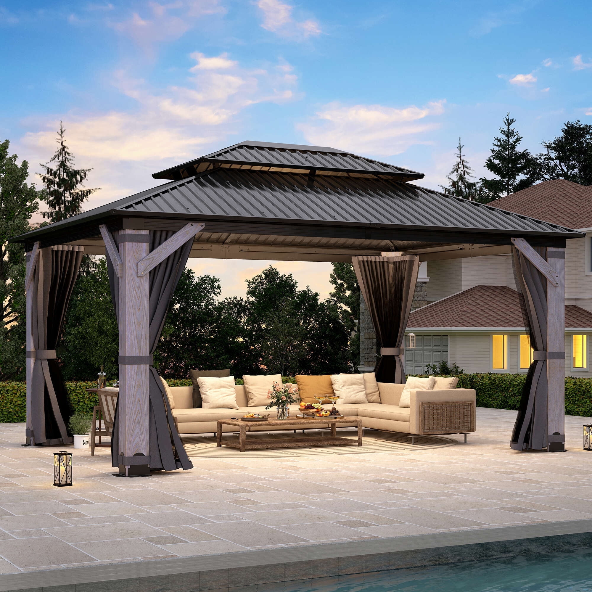 12'x16' Wood Gazebo, Outdoor Hardtop Gazebo with Wood Posts and ...