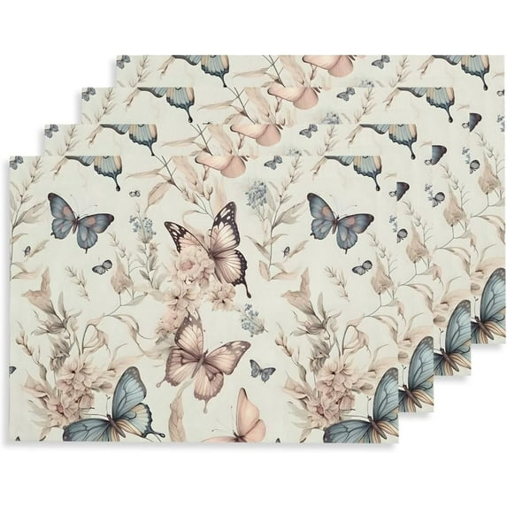 12"x18" Fairy White Beige Butterfly Flowers Placemats Set of 4 Washable ...