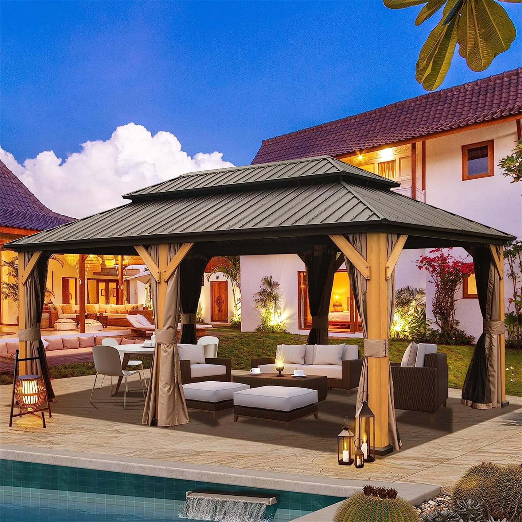 12'x20' Hardtop Gazebo with Cedar Wood Frame, Outdoor Wood Gazebo with ...