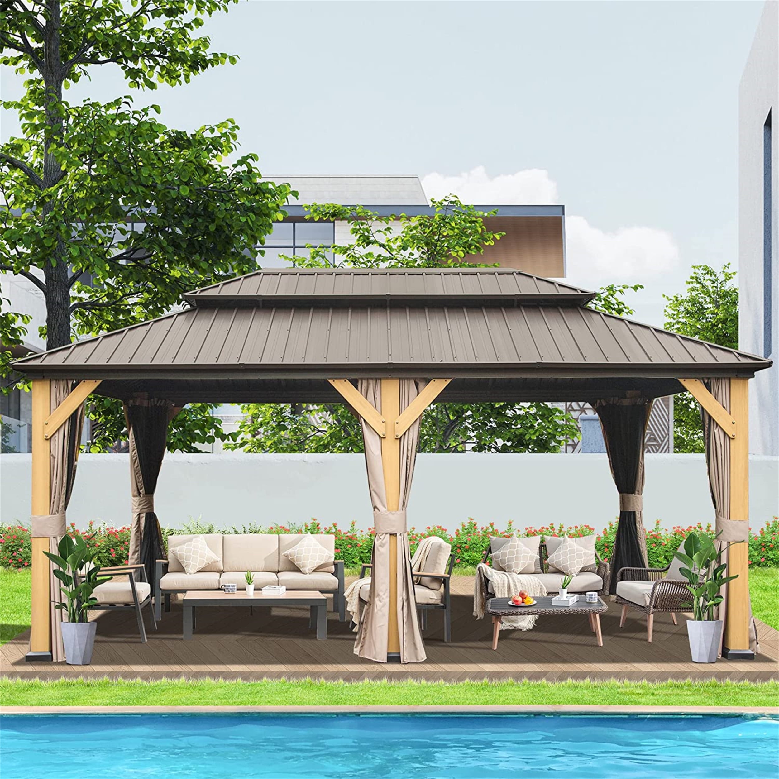 12'x20' Hardtop Gazebo, Outdoor Cedar Wood Frame Canopy with Galvanized ...