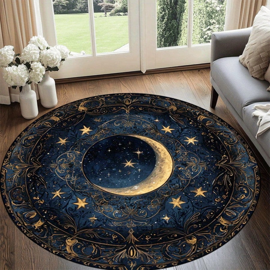 120*120cm Round Celestial Moon Star Print Area Rug, Boho Vintage Golden ...