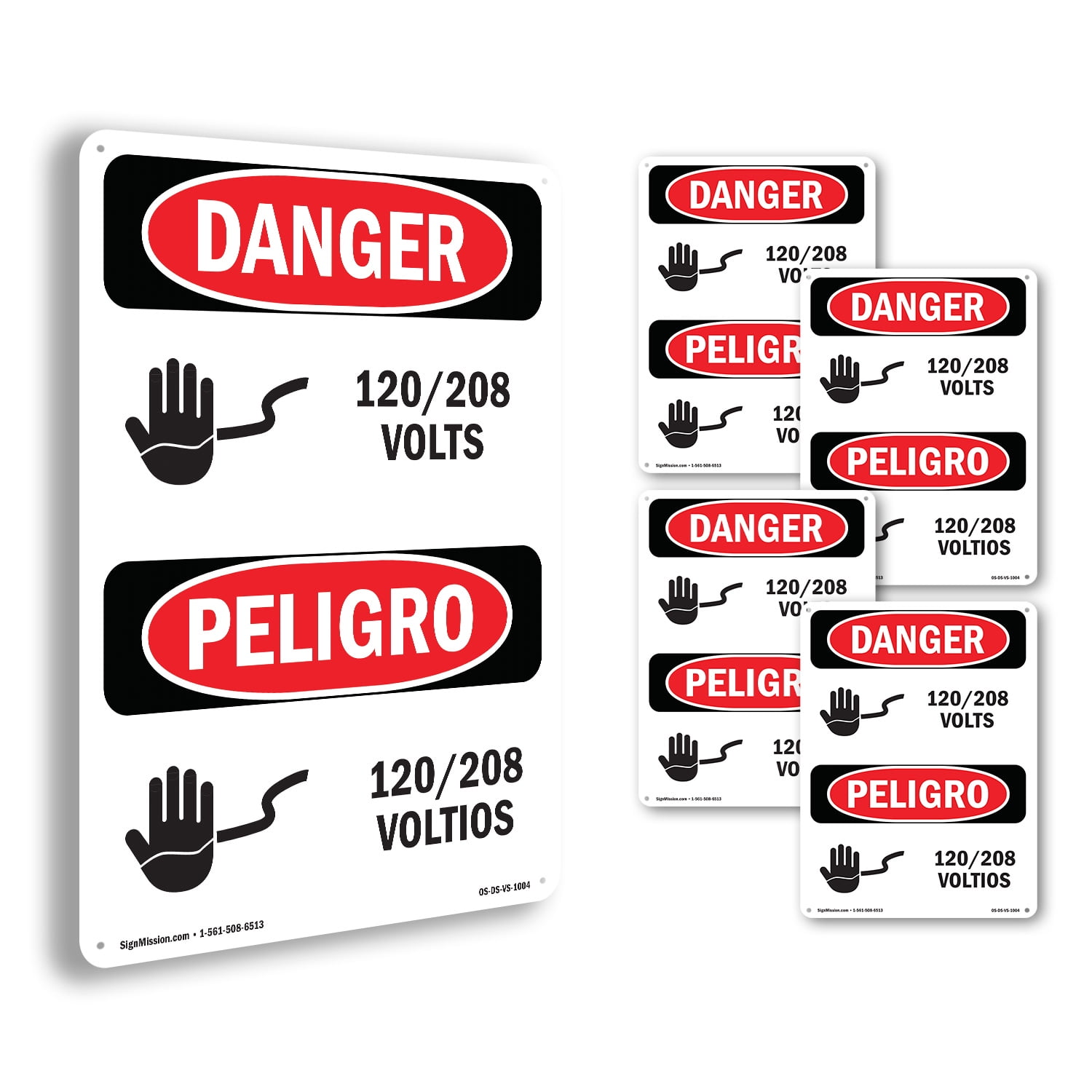 120 208 Volts Bilingual OSHA Danger Rigid Plastic Sign 24 Inch x 18 ...