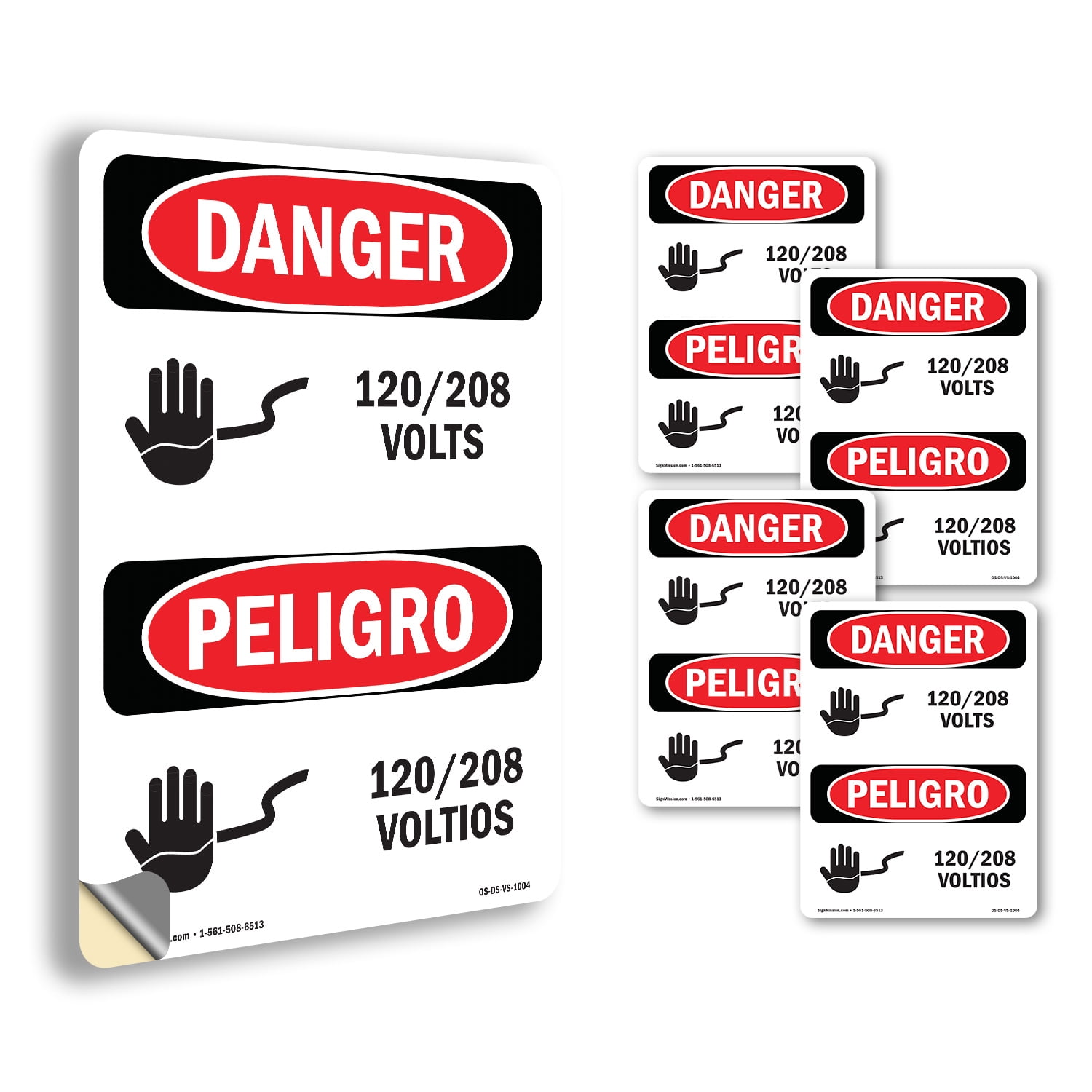 120 208 Volts Bilingual OSHA Danger Vinyl Decal Label 18 Inch x 12 Inch ...