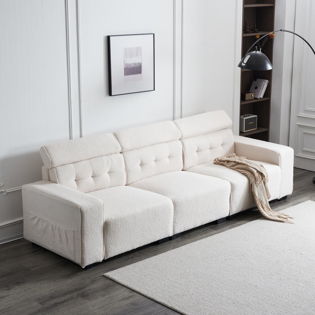 120'' 3 Seater Teddy Velvet Couch with Cozy Wide Seats, Mid-Century ...