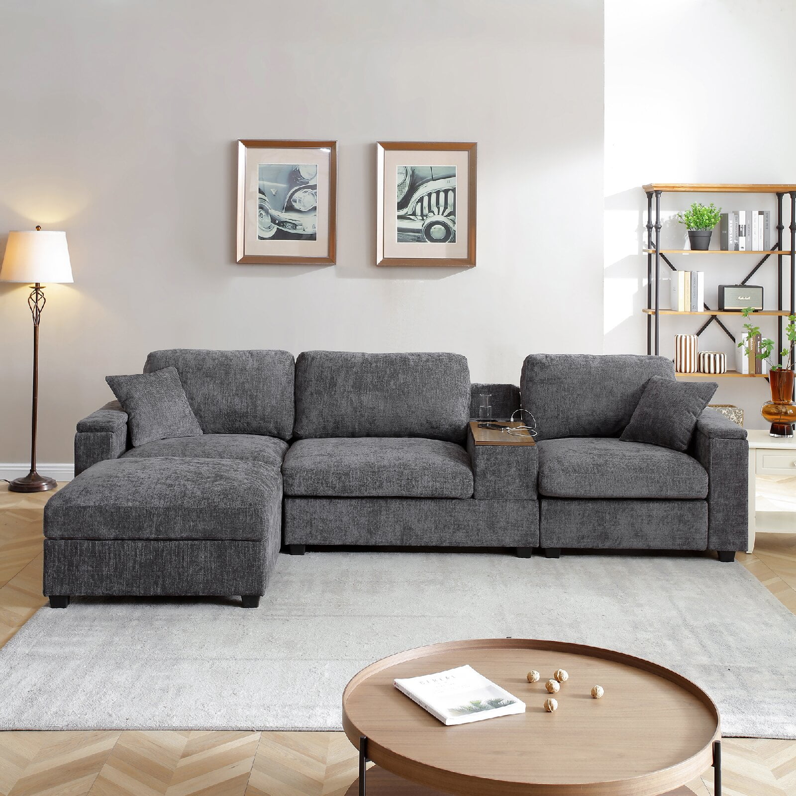 120.3" Sectional Sofa with Charging Station and Storage Ottoman, L ...