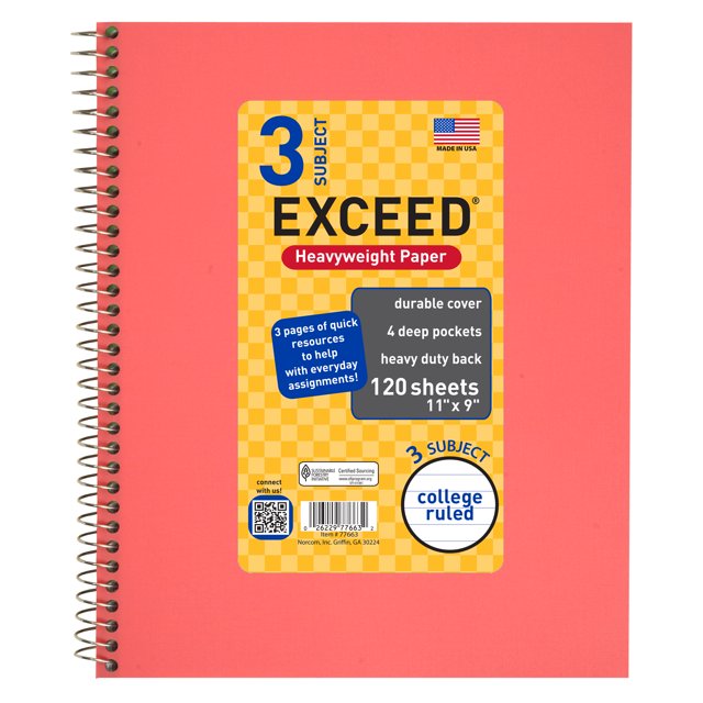 120 Count 3 Subject Pink Exceed Notebook, 11" x 9", College Ruled ...