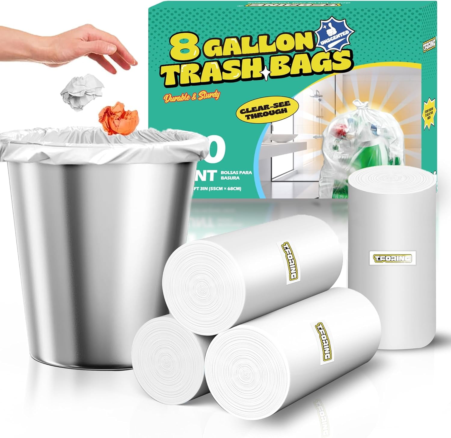 120 Count 8 Gallon Trash Bags Unscented - Thick Clear Medium Garbage ...