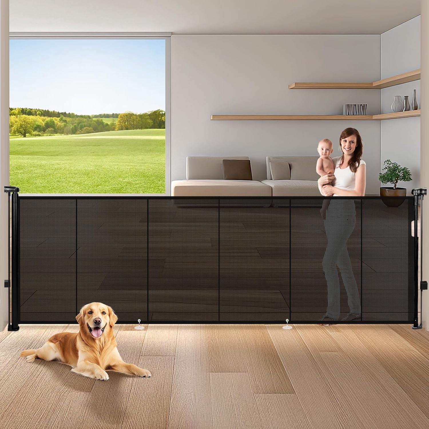 120" Extra Wide Retractable Baby Gates Mesh Gate, Long Retractable Dog ...