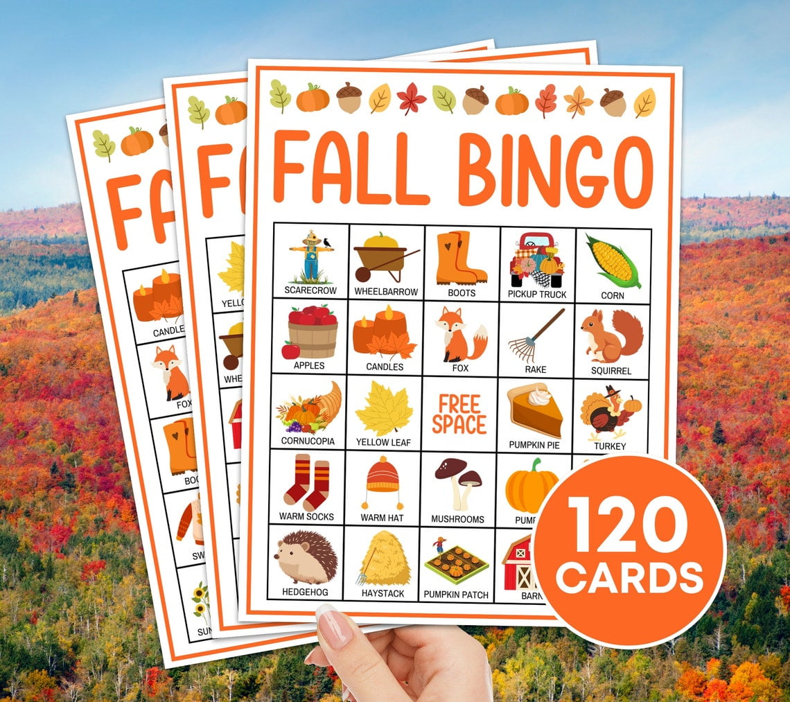 120 Fall Bingo Cards Printable Game, Autumn Bingo Boards, Fall Holiday ...