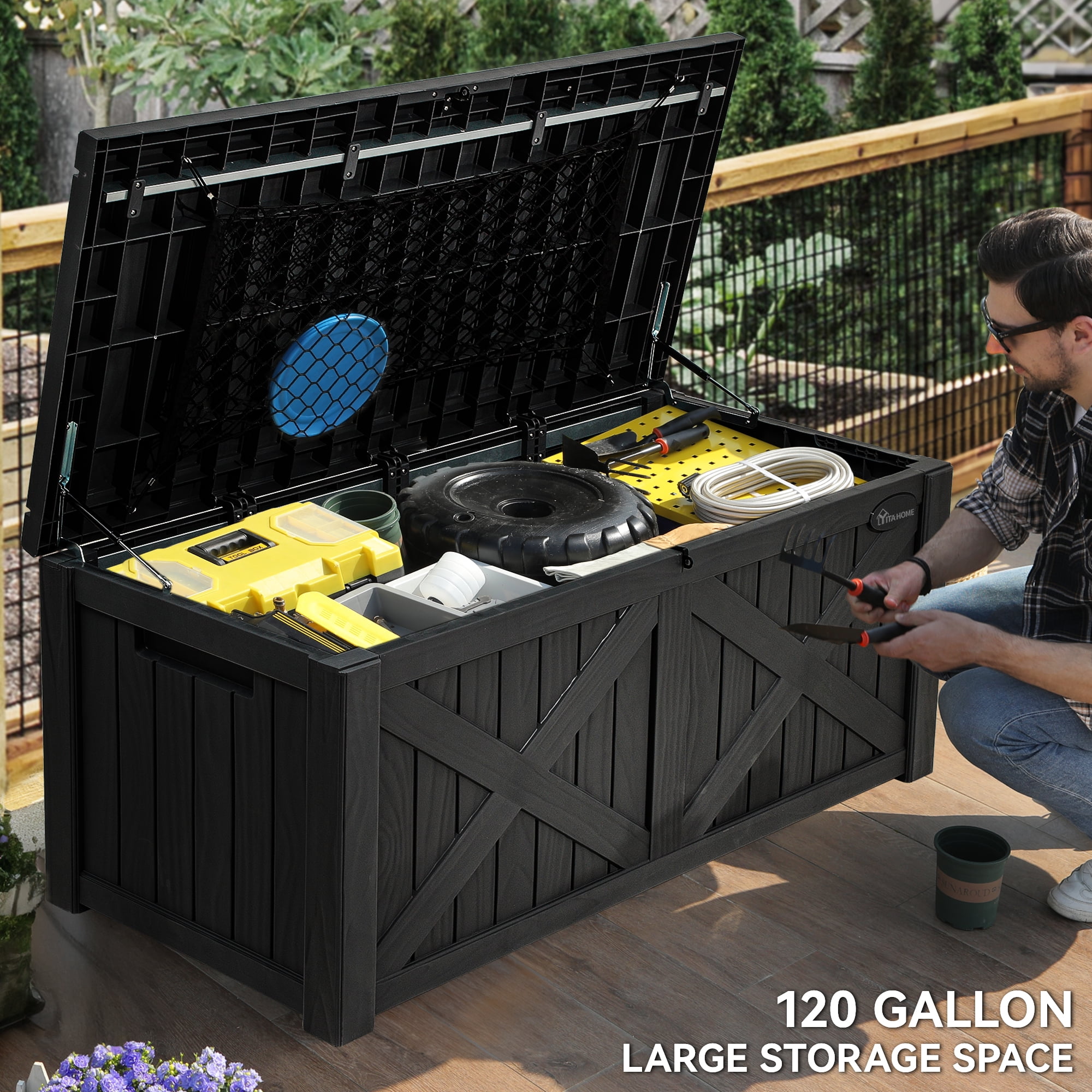 120 Gallon Large Deck Box w/Flexible Divider & Storage Net, Resin ...