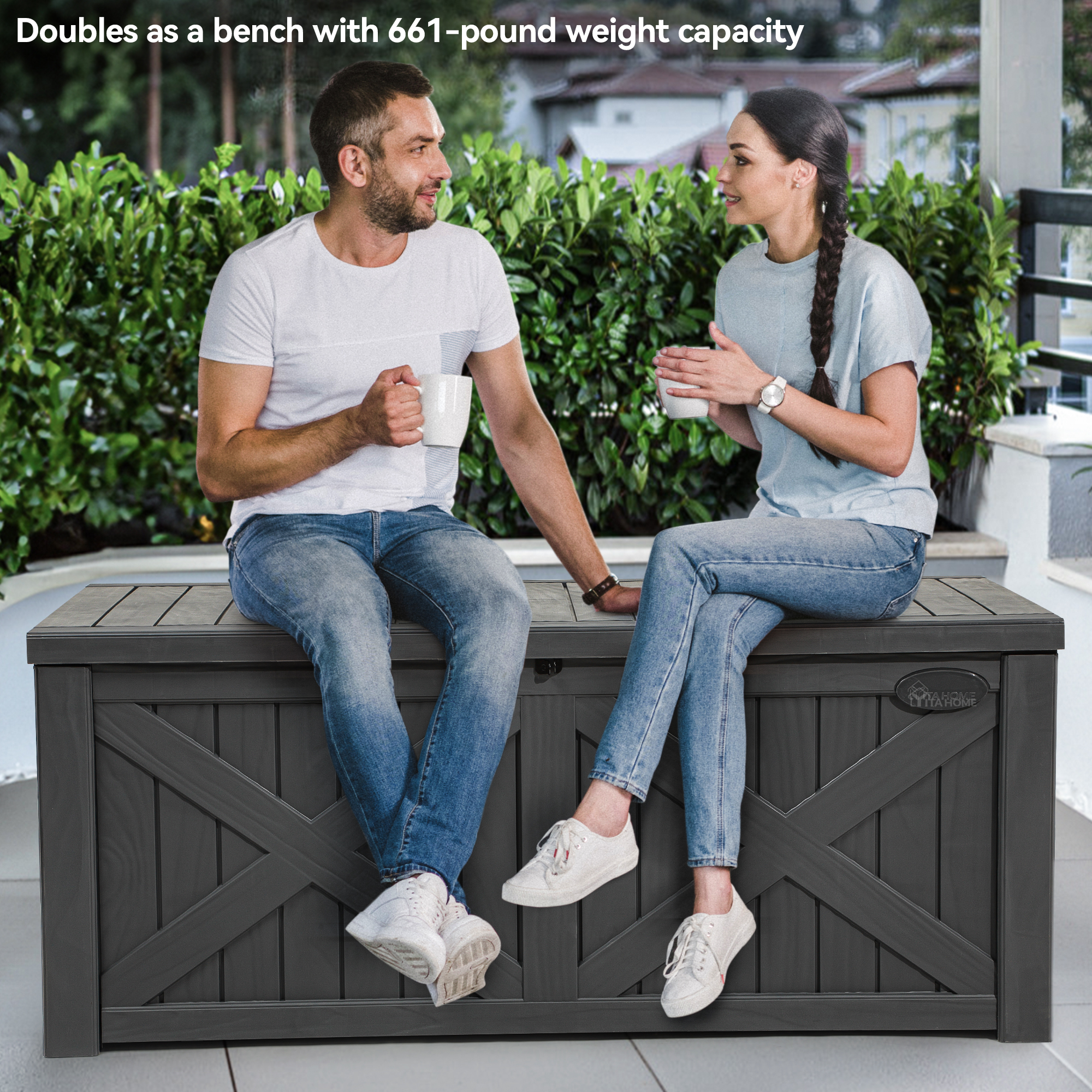 120 Gallon Large Deck Box w/Flexible Divider & Storage Net, Resin ...