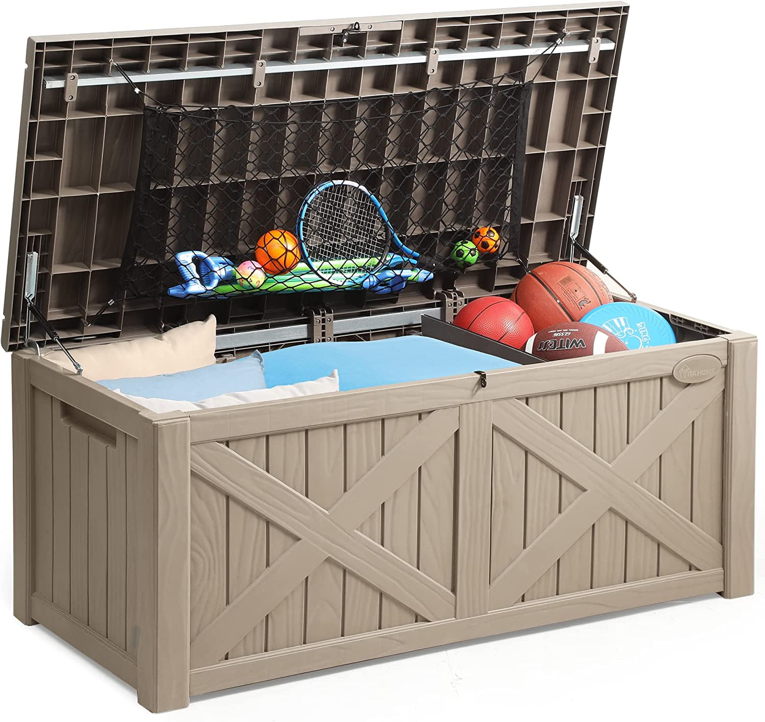 120 Gallon Large Deck Box w/Flexible Divider & Storage Net, Resin ...