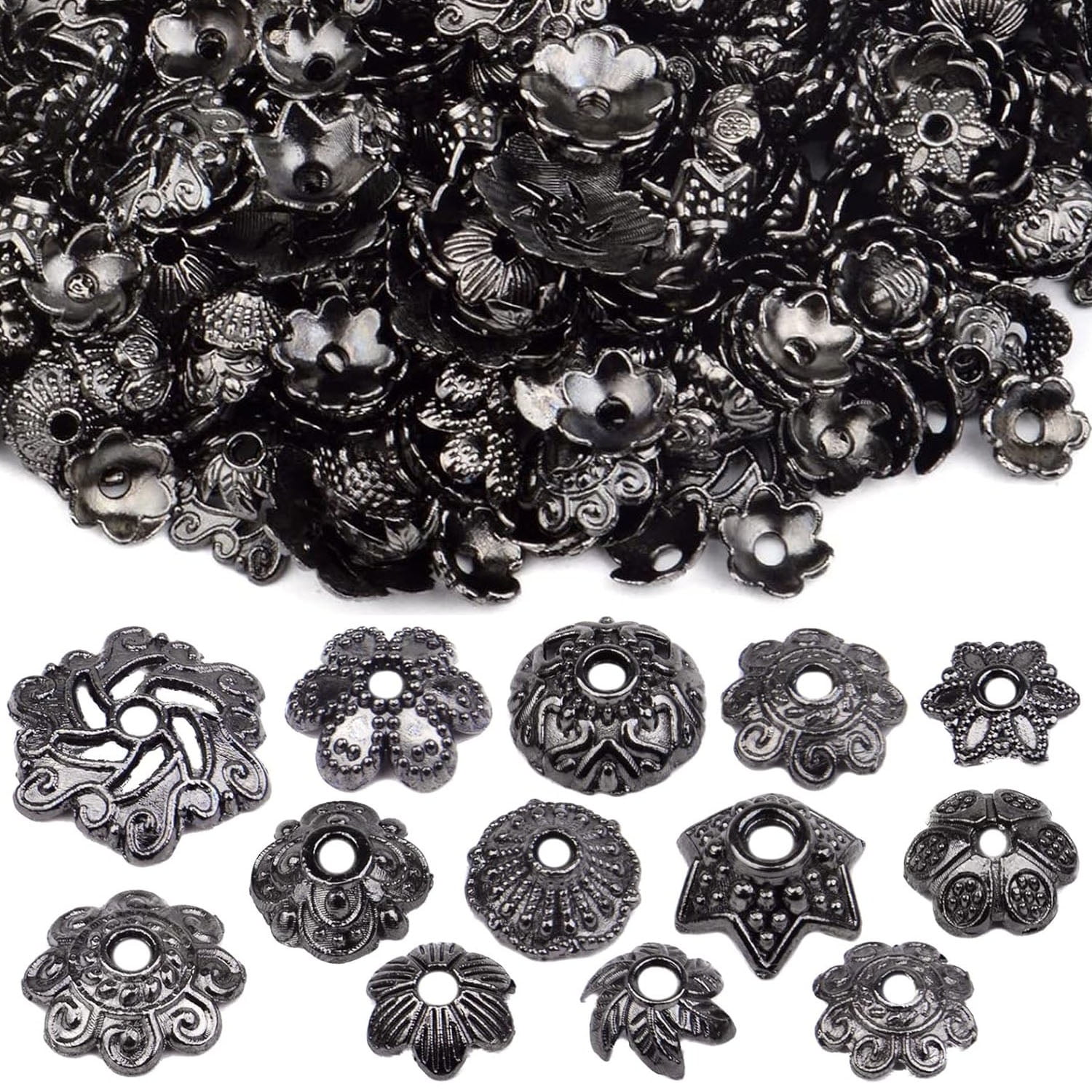 120 Gram Gun Black，Mixed Styles Flower Bead Caps Vintage Alloy Filigree ...