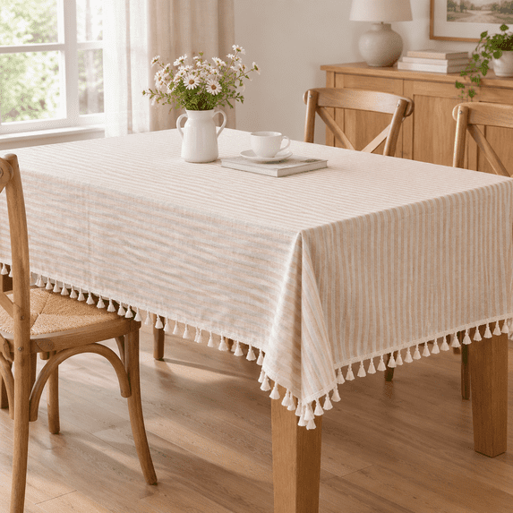 120 Inch Extra Long Tablecloth Beige Striped Tablecloths Washable Cloth ...