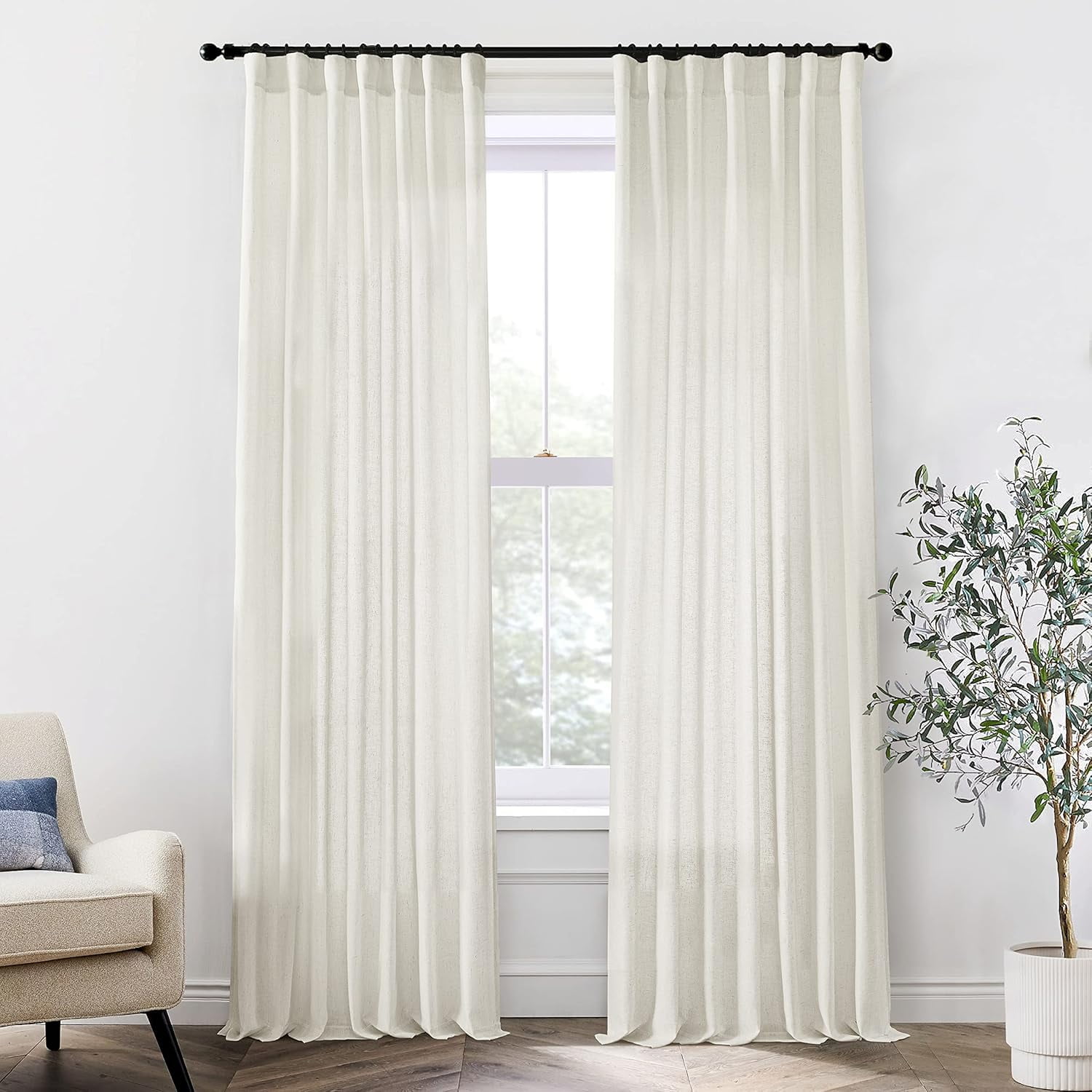 120 Inch Long Linen Curtains with Back Tab Hooks Belt for Rail Track ...