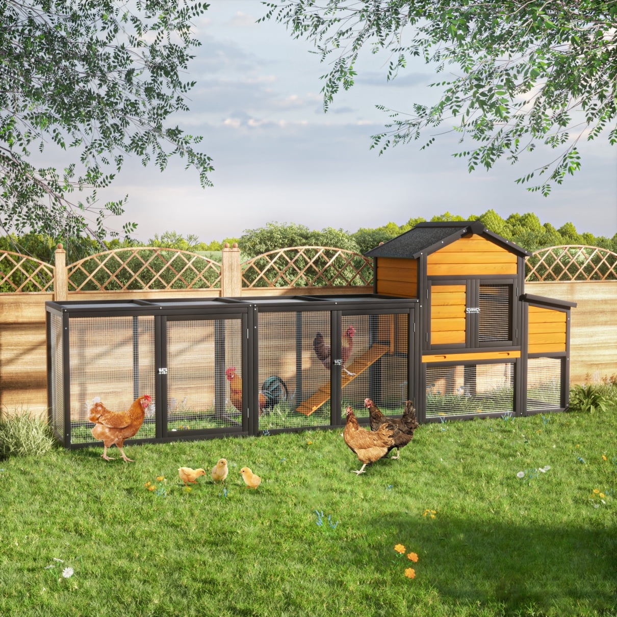 120" Large Chicken Coop with Run, Wooden Hen House with Nesting Box ...