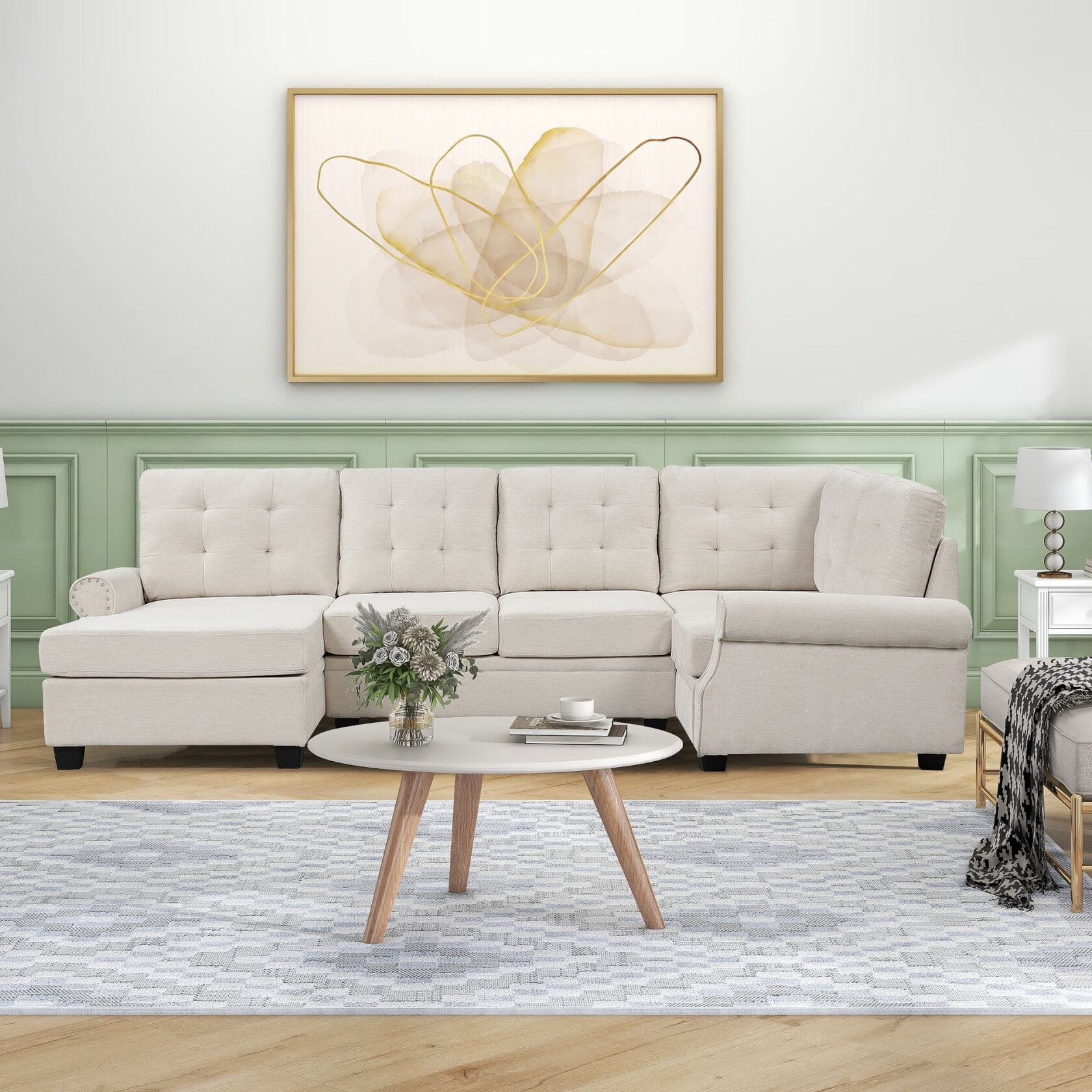 120" Modern U-Shaped Corner Sectional Sofa with Chaise Lounge, Linen ...