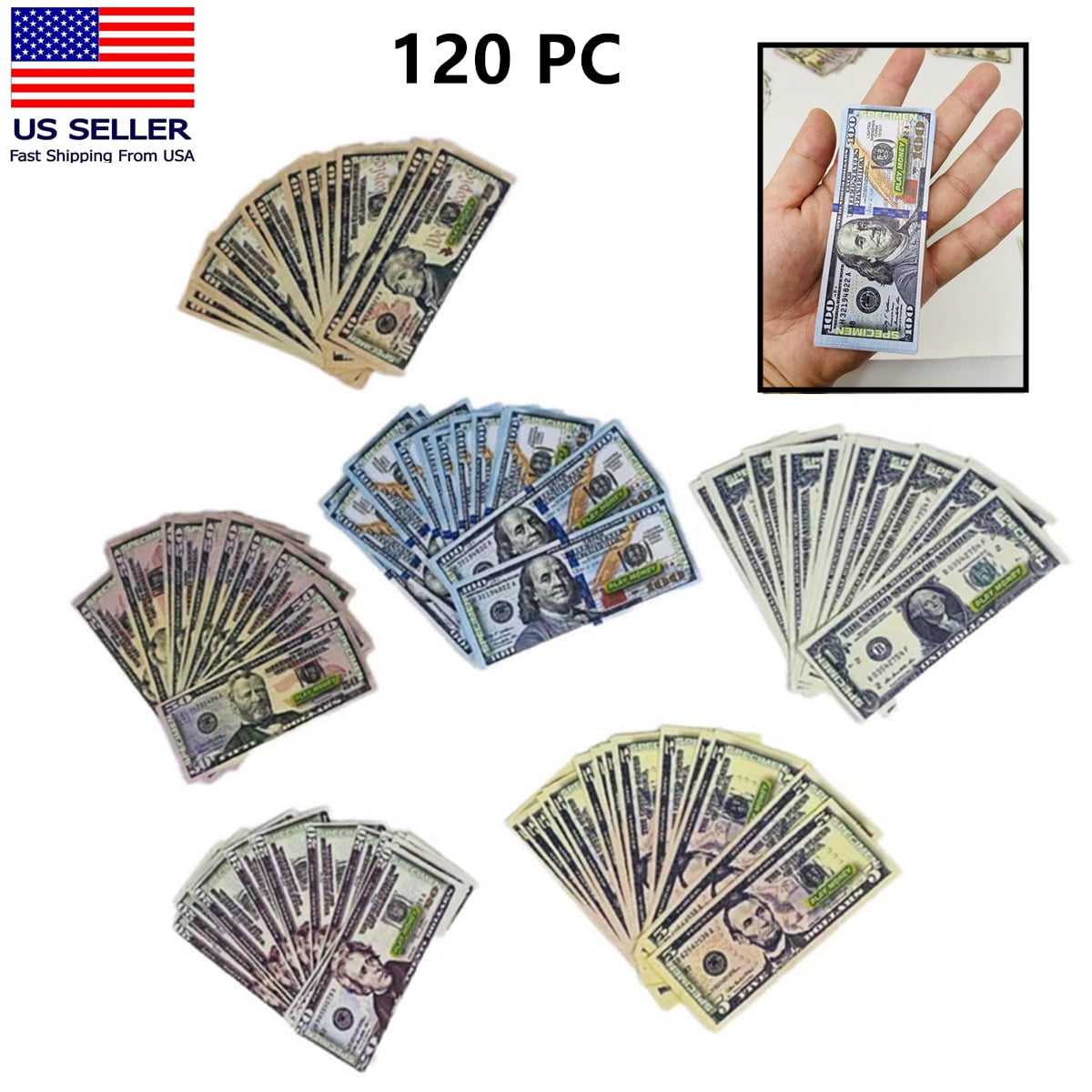 120 PC Educational Play Money Set, Print 1 Side - Bills of 1, 5, 10, 20 ...