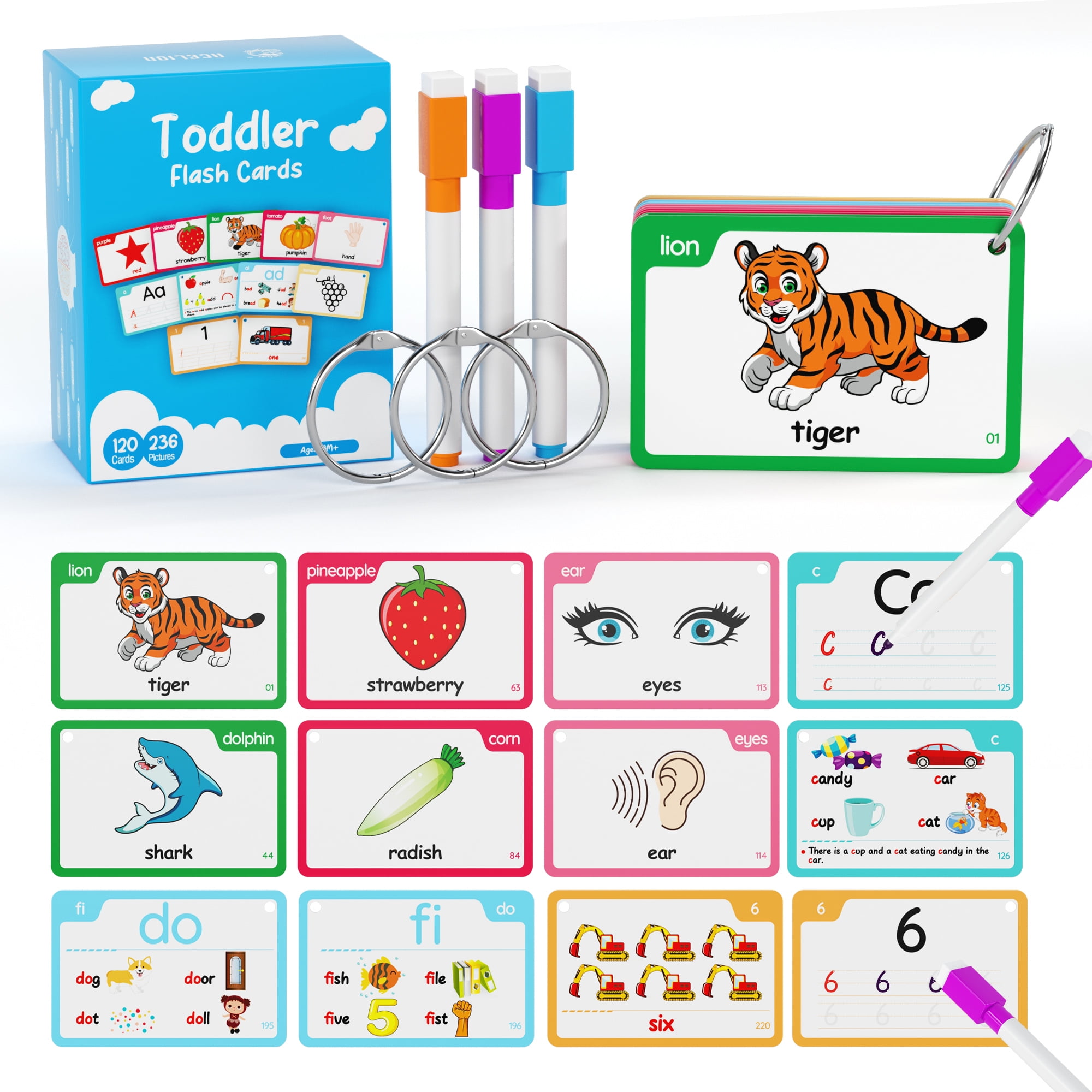 120 PCS, 236 Pictures Alphabet Flash Cards for Toddlers 2-8 Years ...