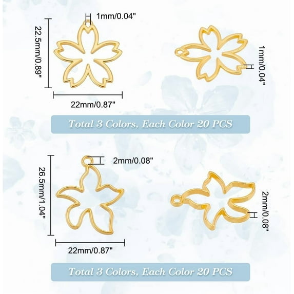 120 PCS 6 Styles Flower Charms Alloy Hollow Flower Charms Open Back ...