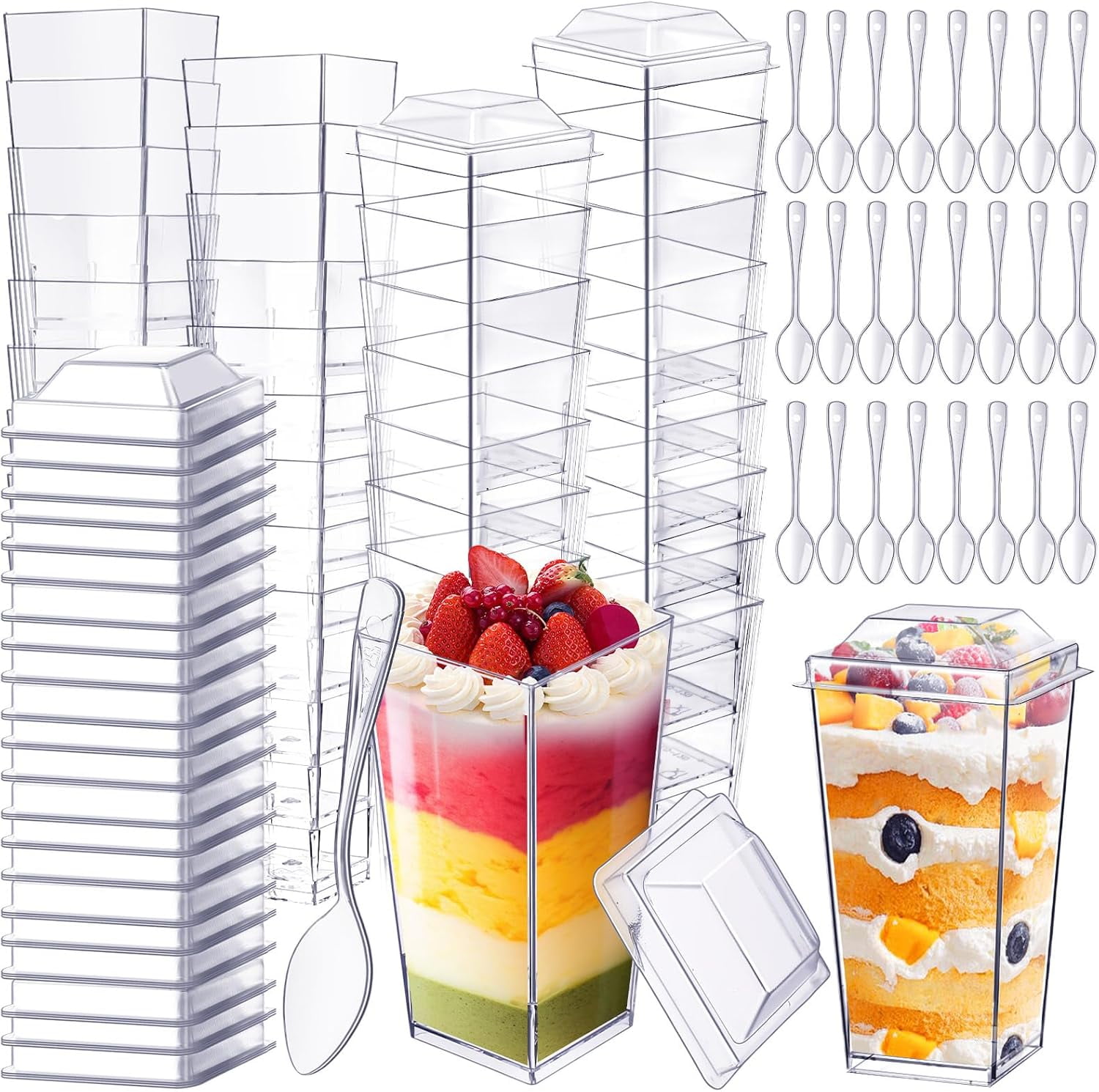 120 Pack 3 oz Mini Dessert Cups with Lids and Spoons Square Clear ...