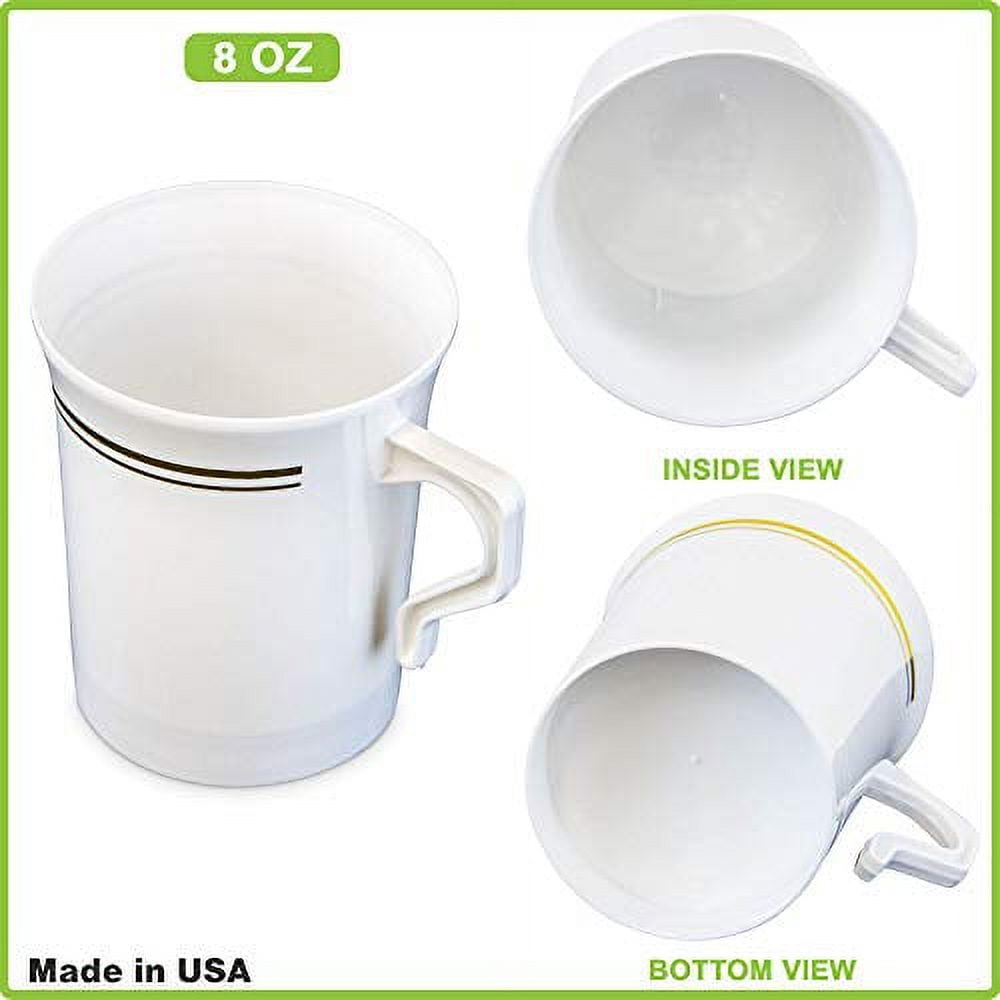[120 Pack] 8 oz. Plastic Coffee Cup with Handle - White Gold Rim ...
