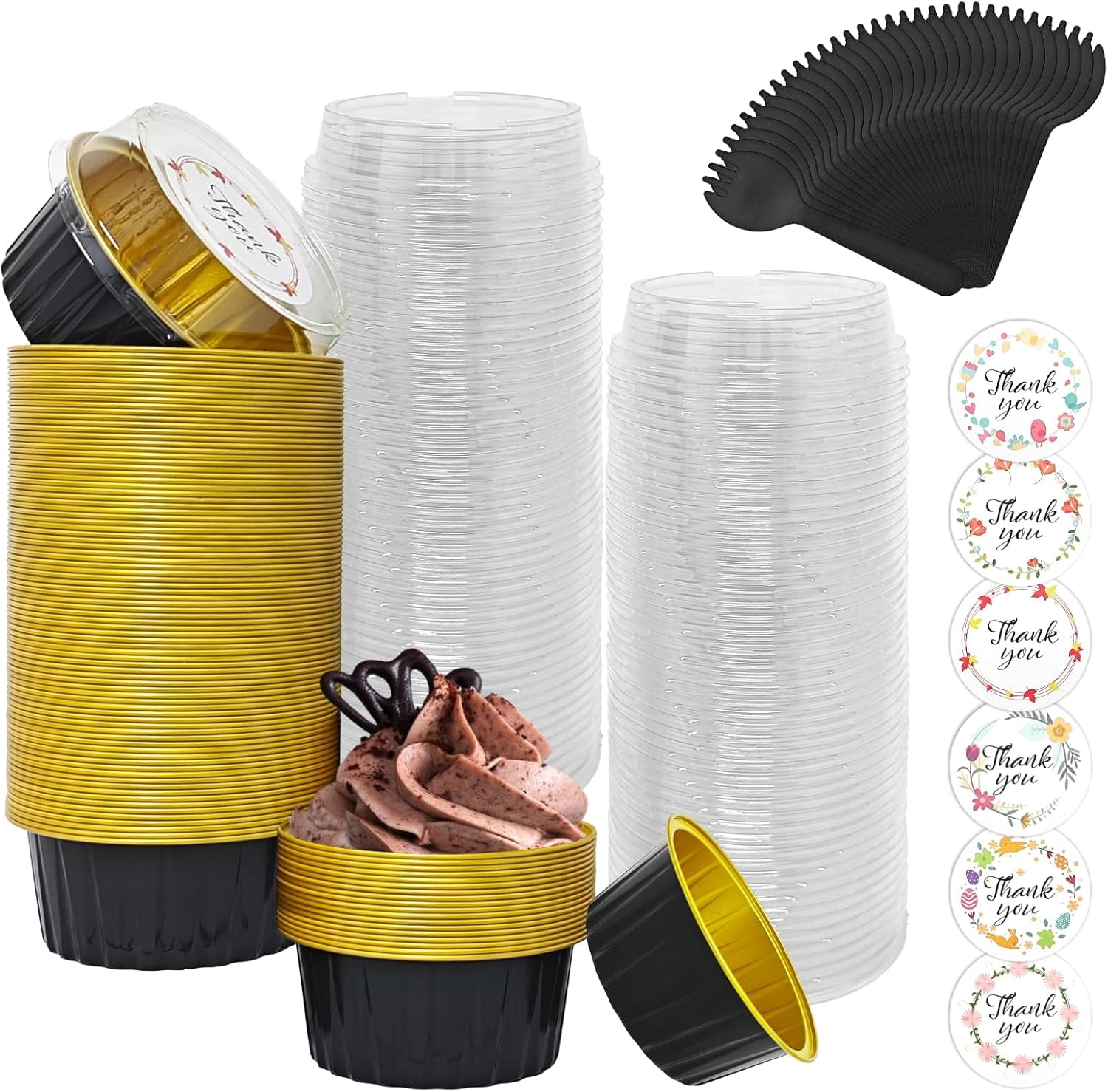 120 Pack Aluminum Foil Cupcake Baking Cups w Lids Spoons and Stickers ...