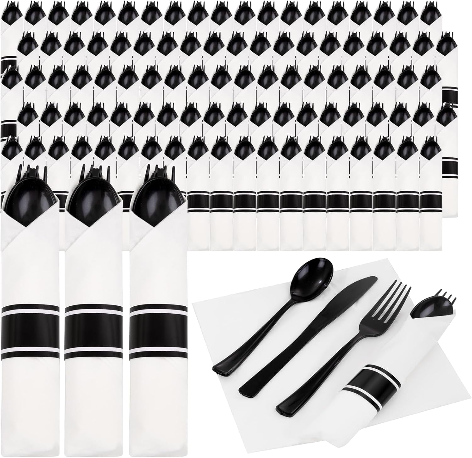 120 Pack Black Plastic Silverware,Rolled Silverware Disposable,Pre ...