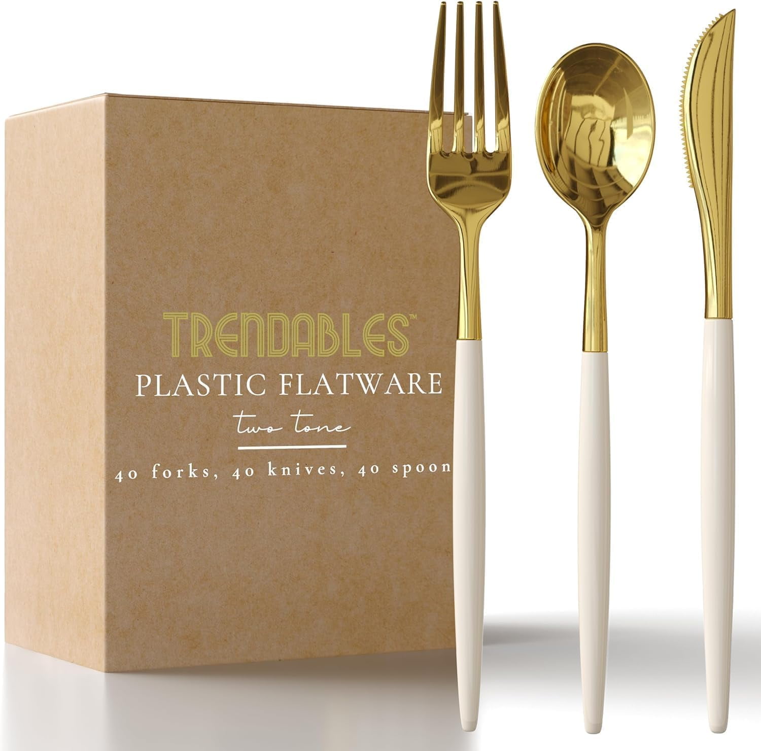 120 Pack Disposable Silverware Set - Ivory & Gold Plastic Cutlery ...