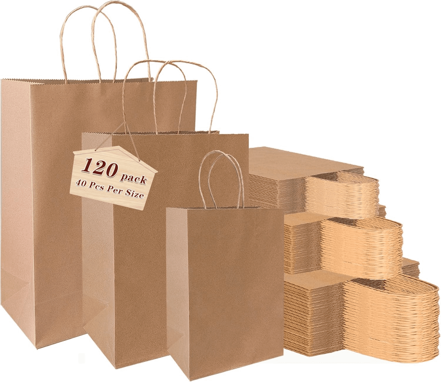 120 Pack Kraft Paper Bags Handles Assorted Sizes Gift Bags Bulk Kraft ...