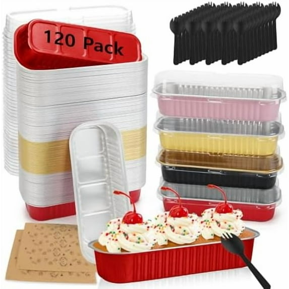 120 Pack Mini Loaf Pans with Lids and Spoons Stickers Disposable Aluminum Tin Foil Pans ...