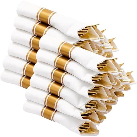 120 Pack Pre Rolled Gold Plastic Silverware Set, Wrapped Plastic ...