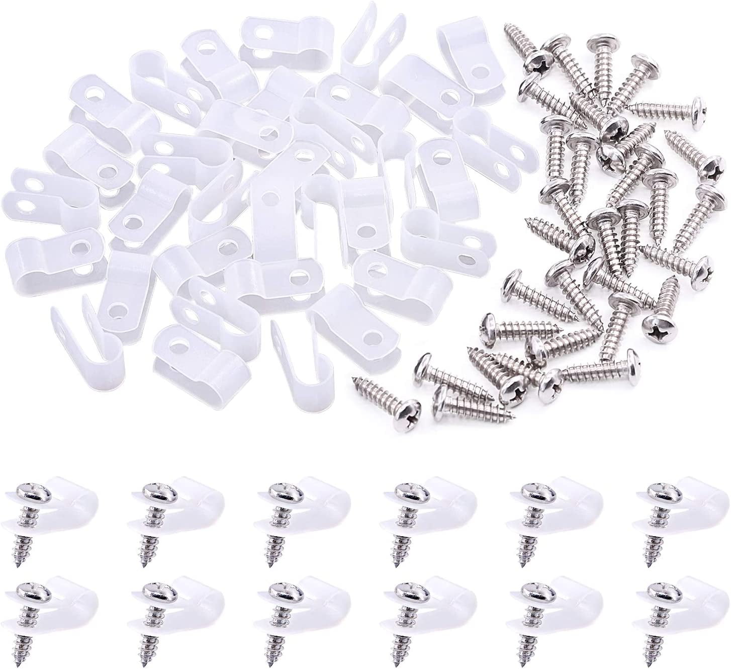 120 Pack White 1/4 Inch Nylon Plastic R-Type Cable Clips Clamp Kit ...