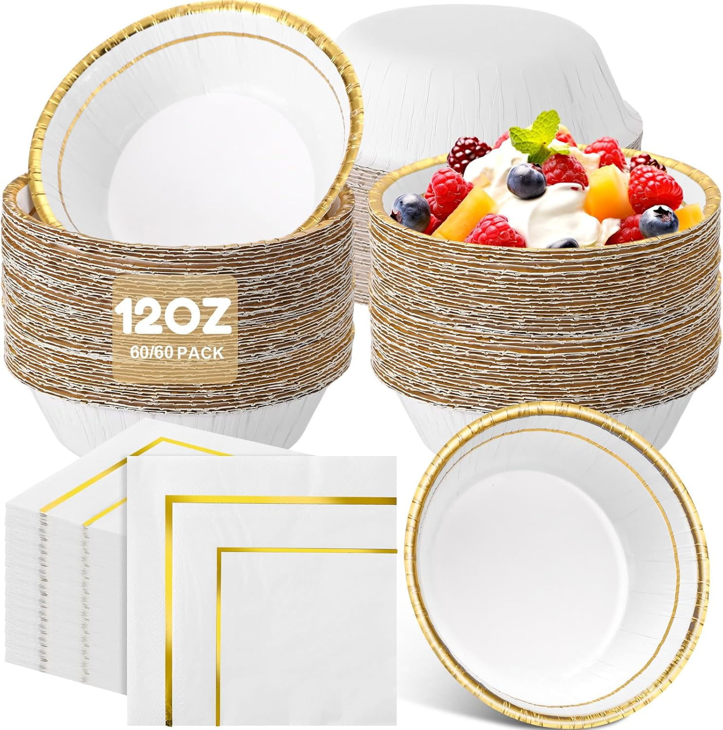 120 Pcs 12 oz Paper Bowls with Gold Rim and White Napkin with Gold Rim ...