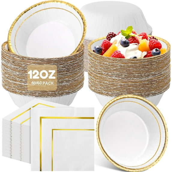 120 Pcs 12 oz Paper Bowls with Gold Rim and White Napkin with Gold Rim ...