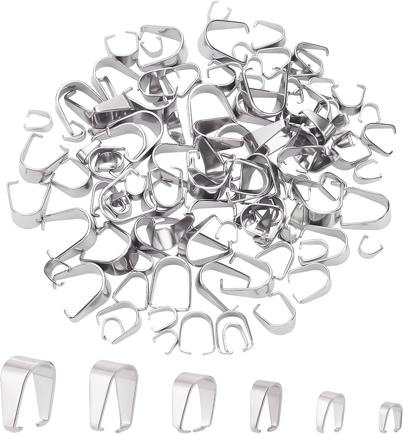 120 Pcs 304 Stainless Steel Snap On Bails 6 Sizes Stainless Steel Color ...