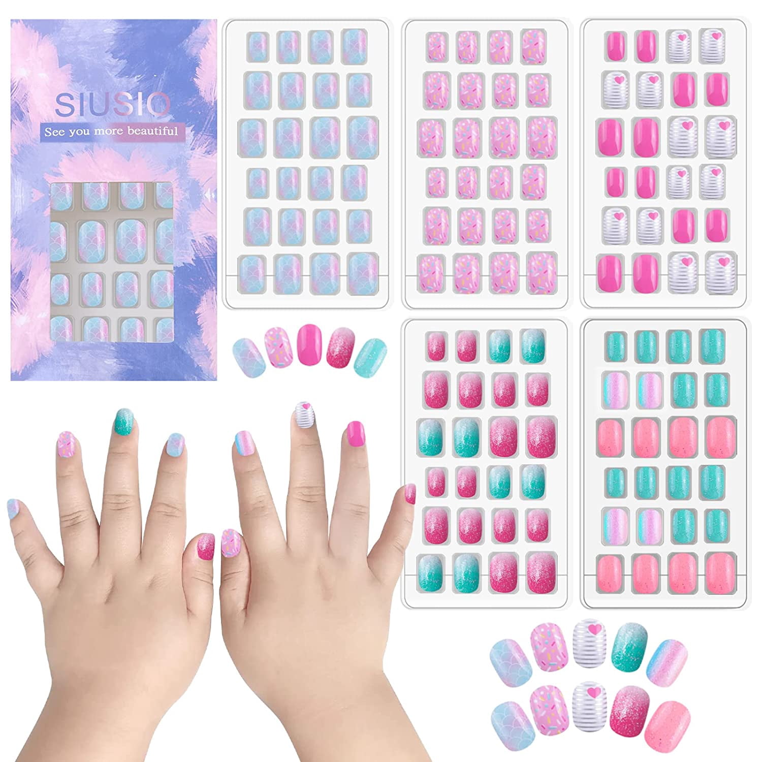 120 Pcs 5 Pack Children Acrylic Fake Nails Press on Pre-glue Full Cover ...
